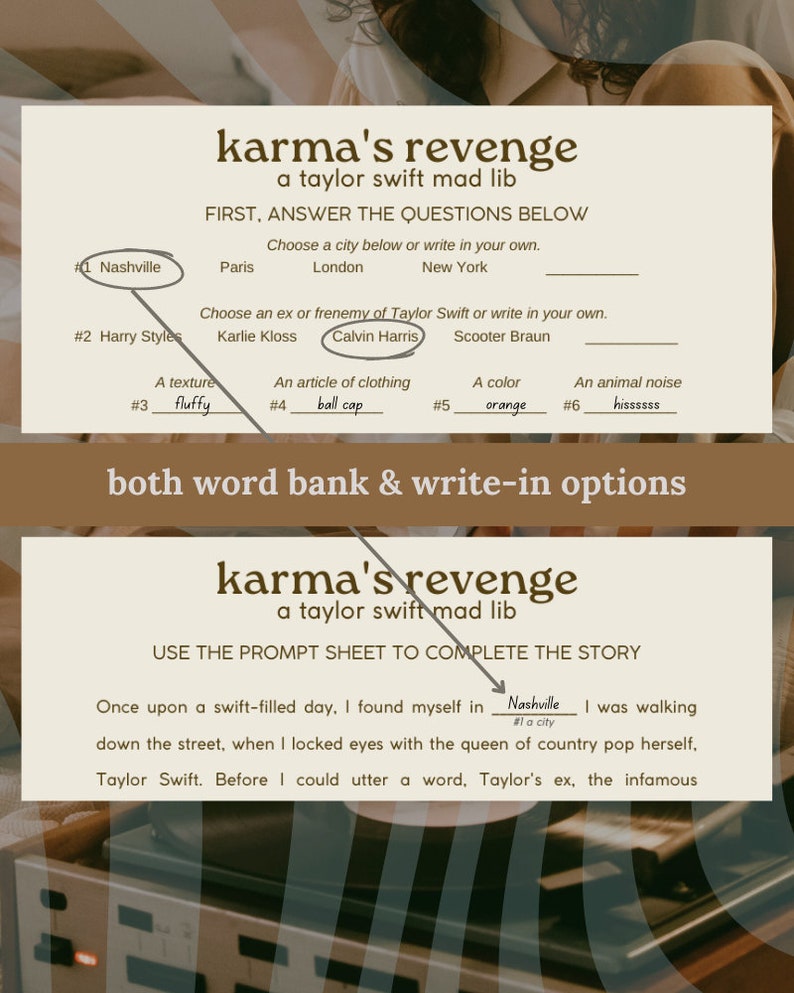 Taylor Swift Karma Printable Mad Lib Game Funny Bachelorette Etsy