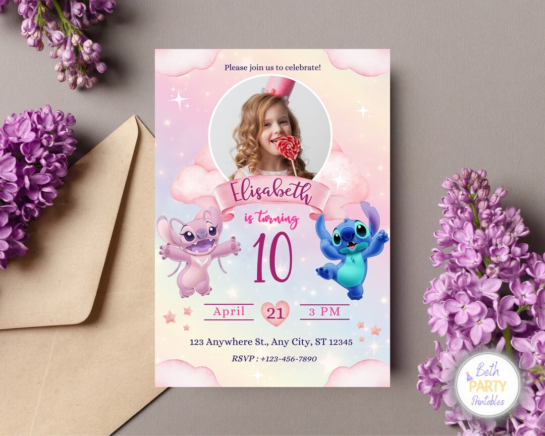Personalized Stitch and Angel Invitation With Photo, Stitch Birthday ...