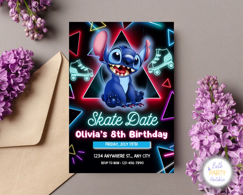 Stitch Roller Skating Birthday Party Invitation, Personalized Stitch ...
