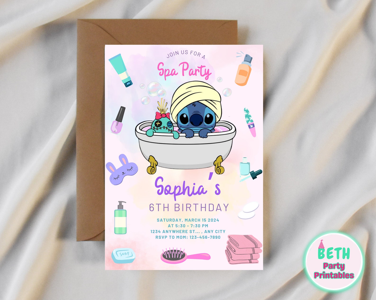 Personalized Stitch Spa Party Invitation, Stitch Birthday Spa Party ...