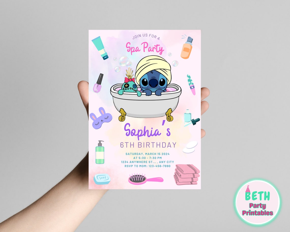 Personalized Stitch Spa Party Invitation, Stitch Birthday Spa Party ...