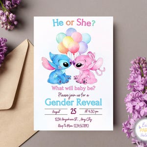 Personalized Stitch Gender Reveal Invitation, Stitch and Angel Gender ...
