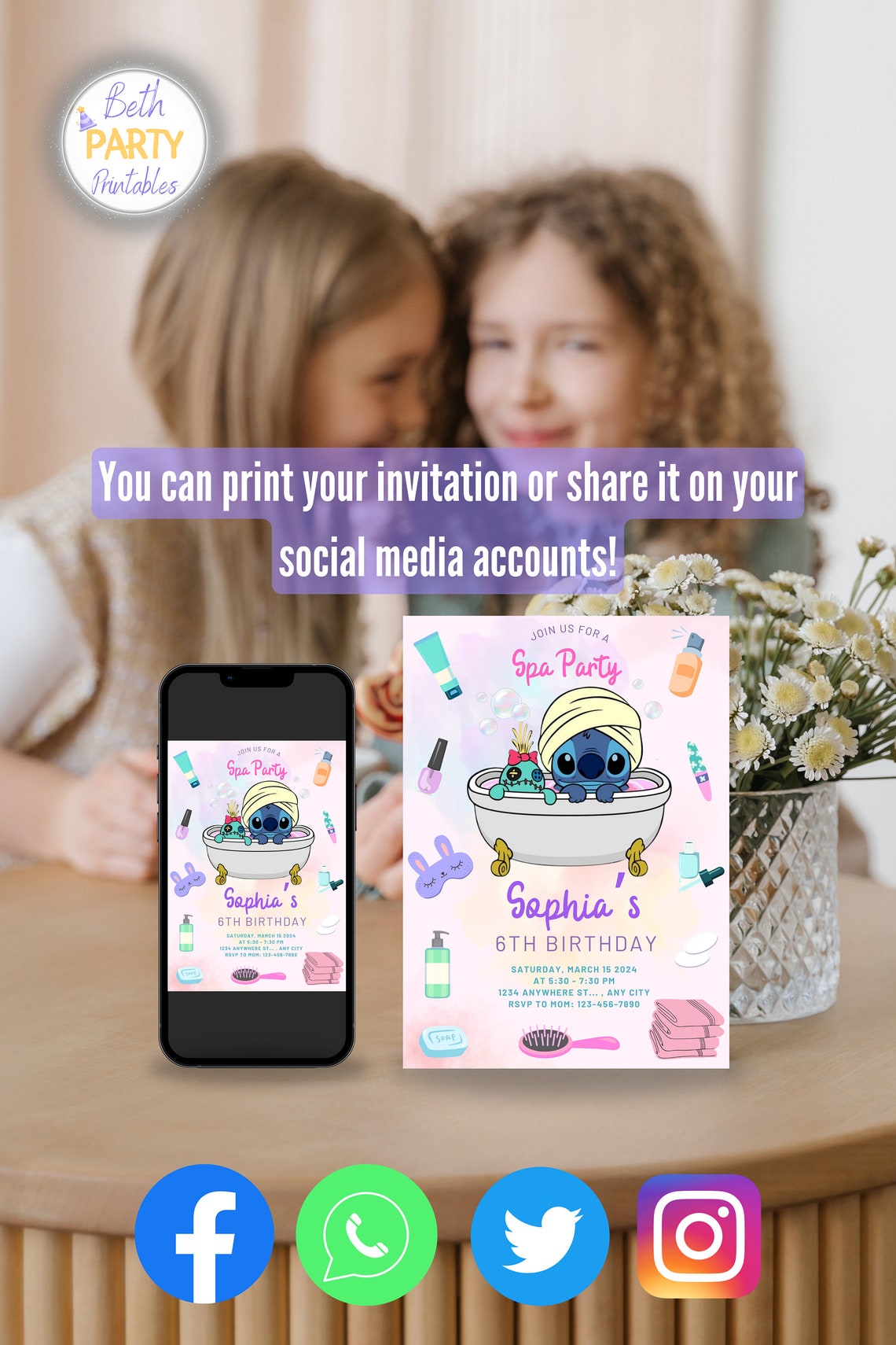 Personalized Stitch Spa Party Invitation, Stitch Birthday Spa Party ...