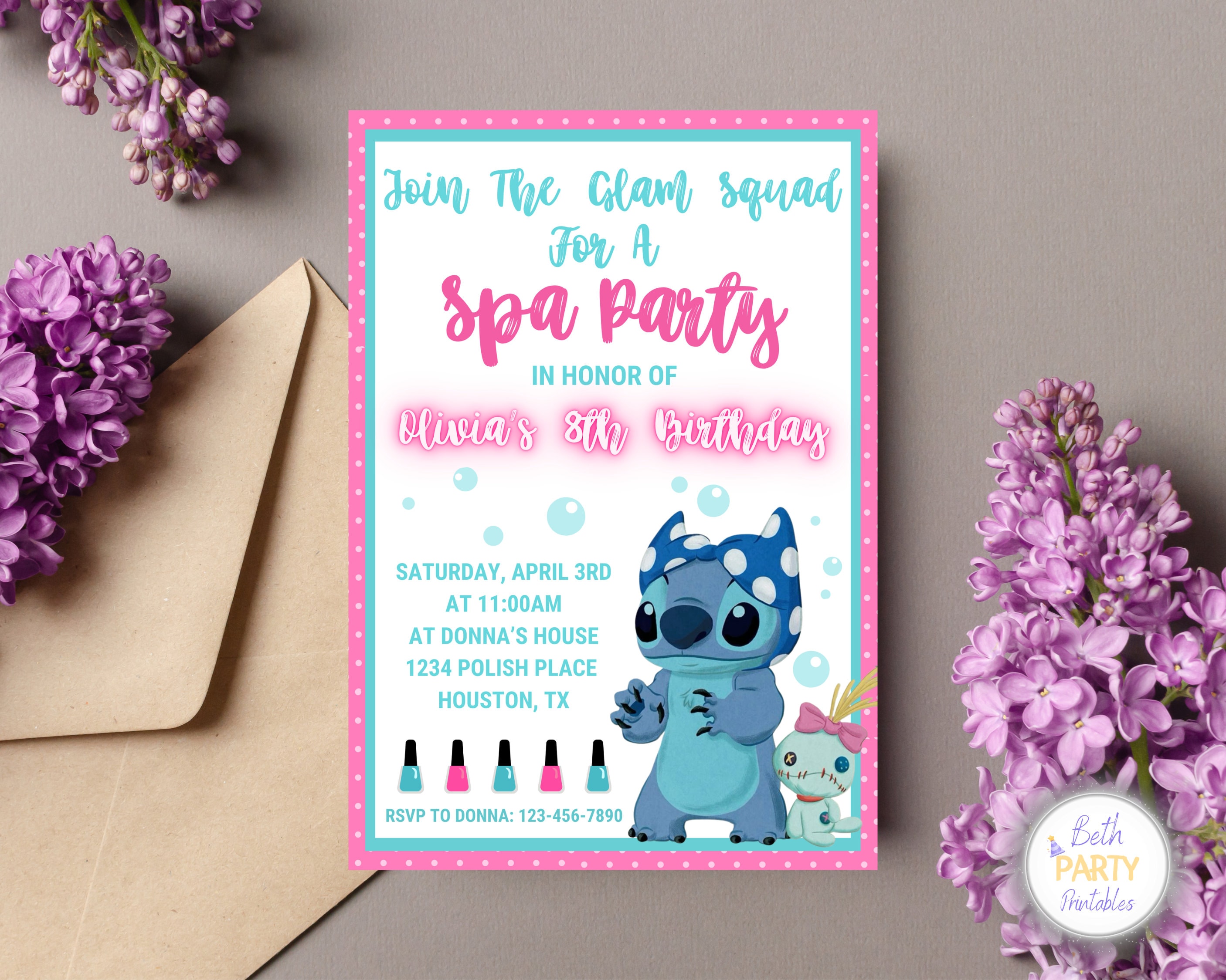 Personalized Stitch Spa Party Invitation, Stitch Birthday Spa Party ...