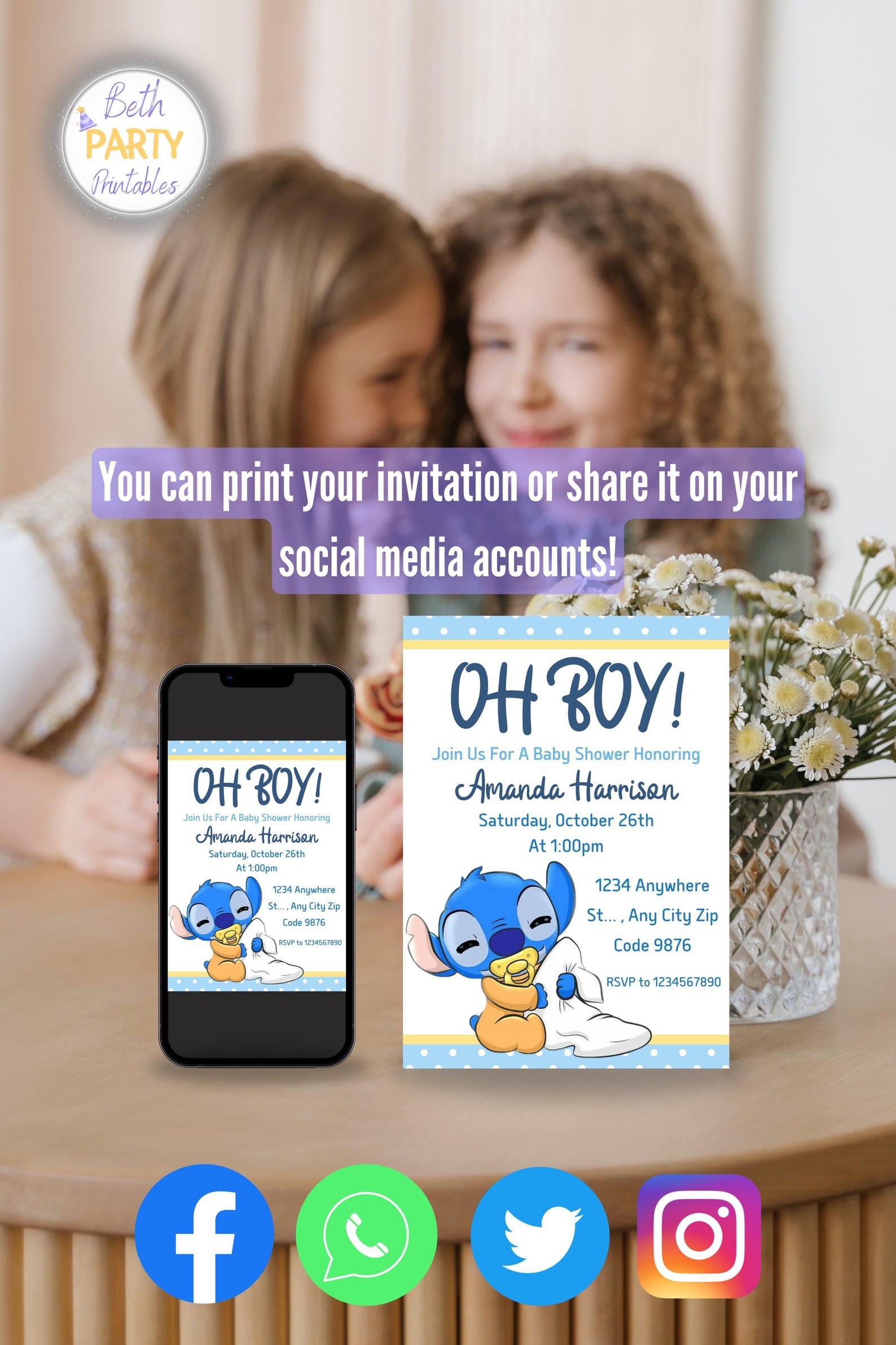 Personalized Stitch Boy Baby Shower Invitation, Stitch Baby Shower ...