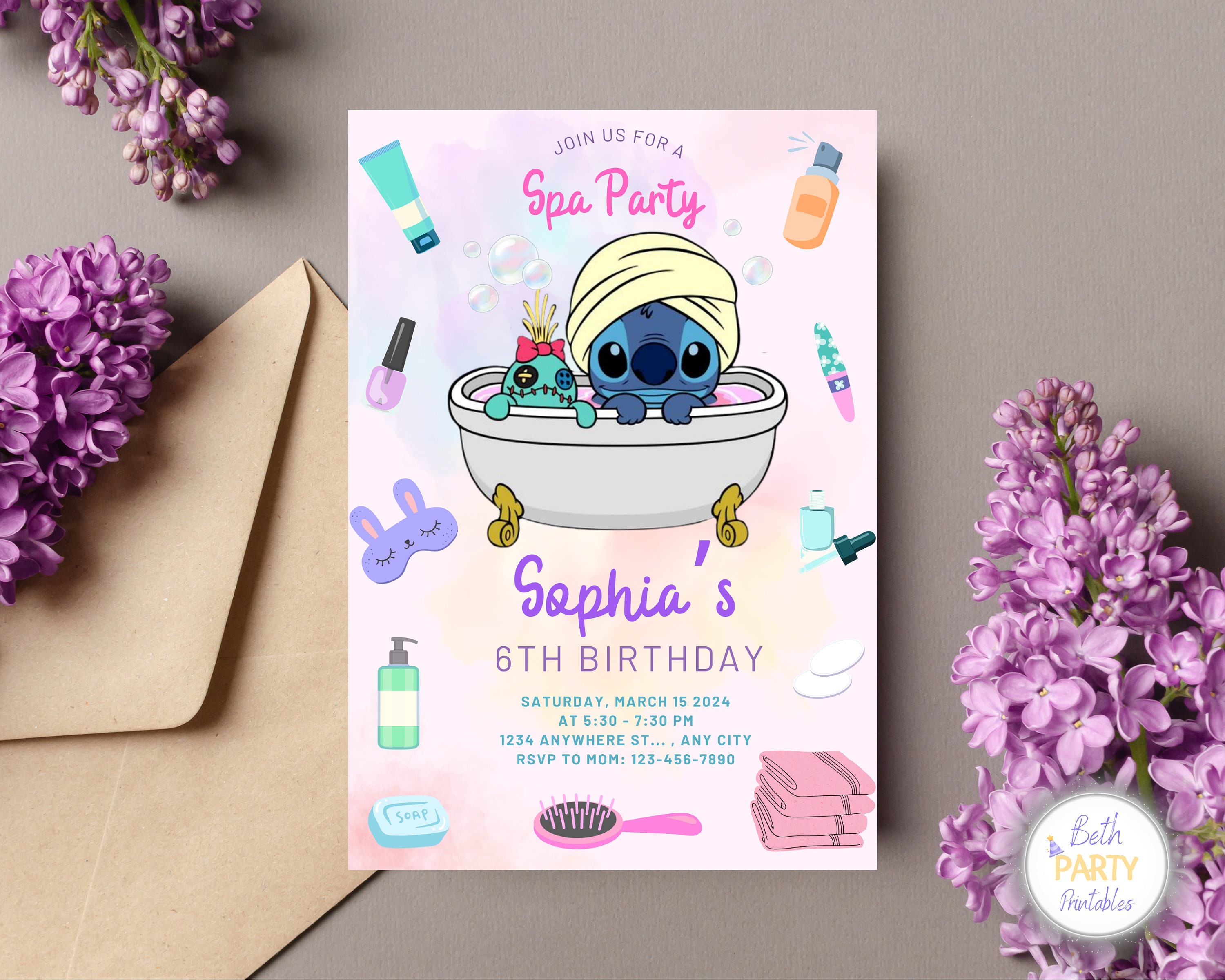 Personalized Stitch Spa Party Invitation, Stitch Birthday Spa Party ...