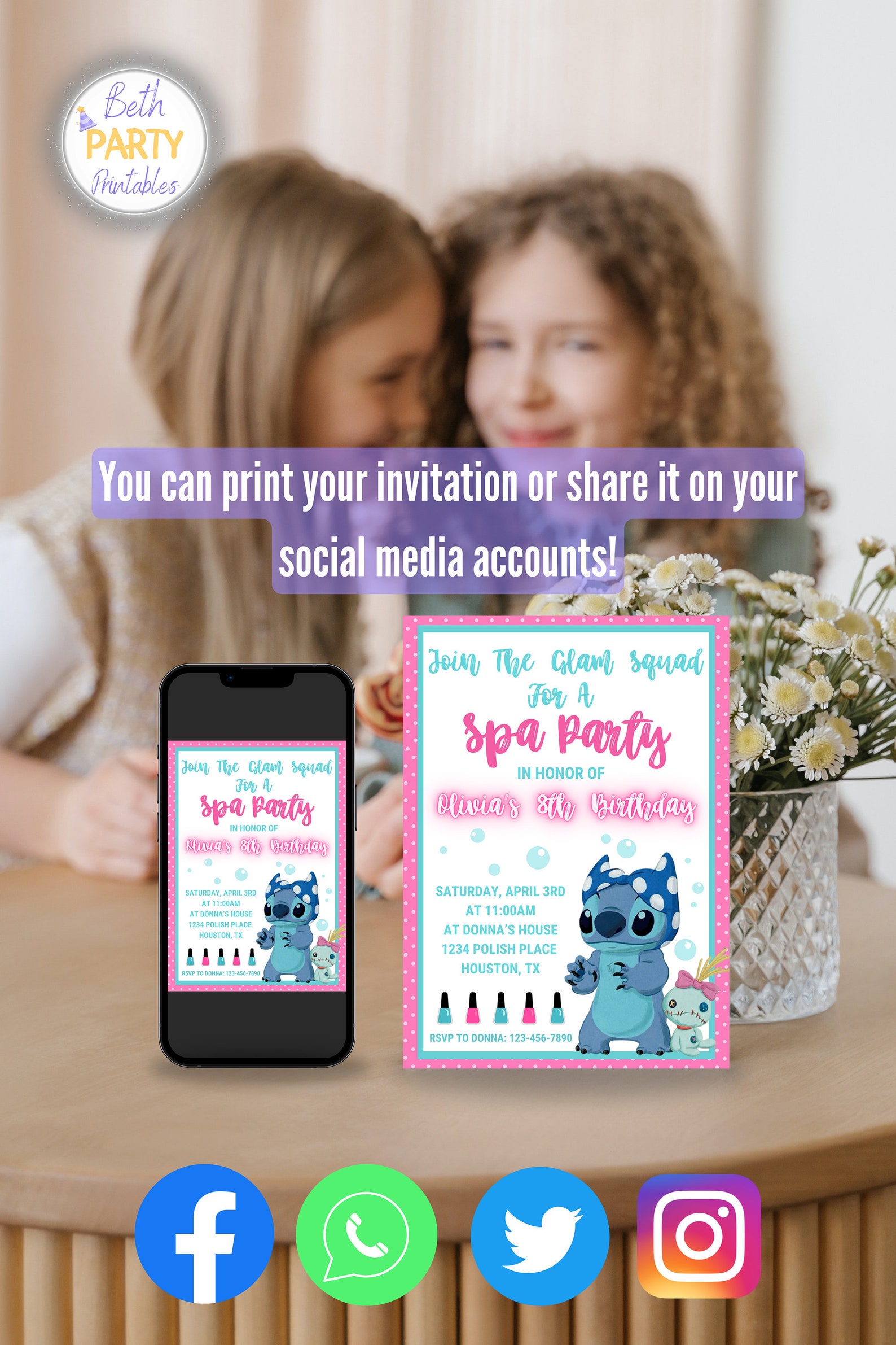 Personalized Stitch Spa Party Invitation, Stitch Birthday Spa Party ...