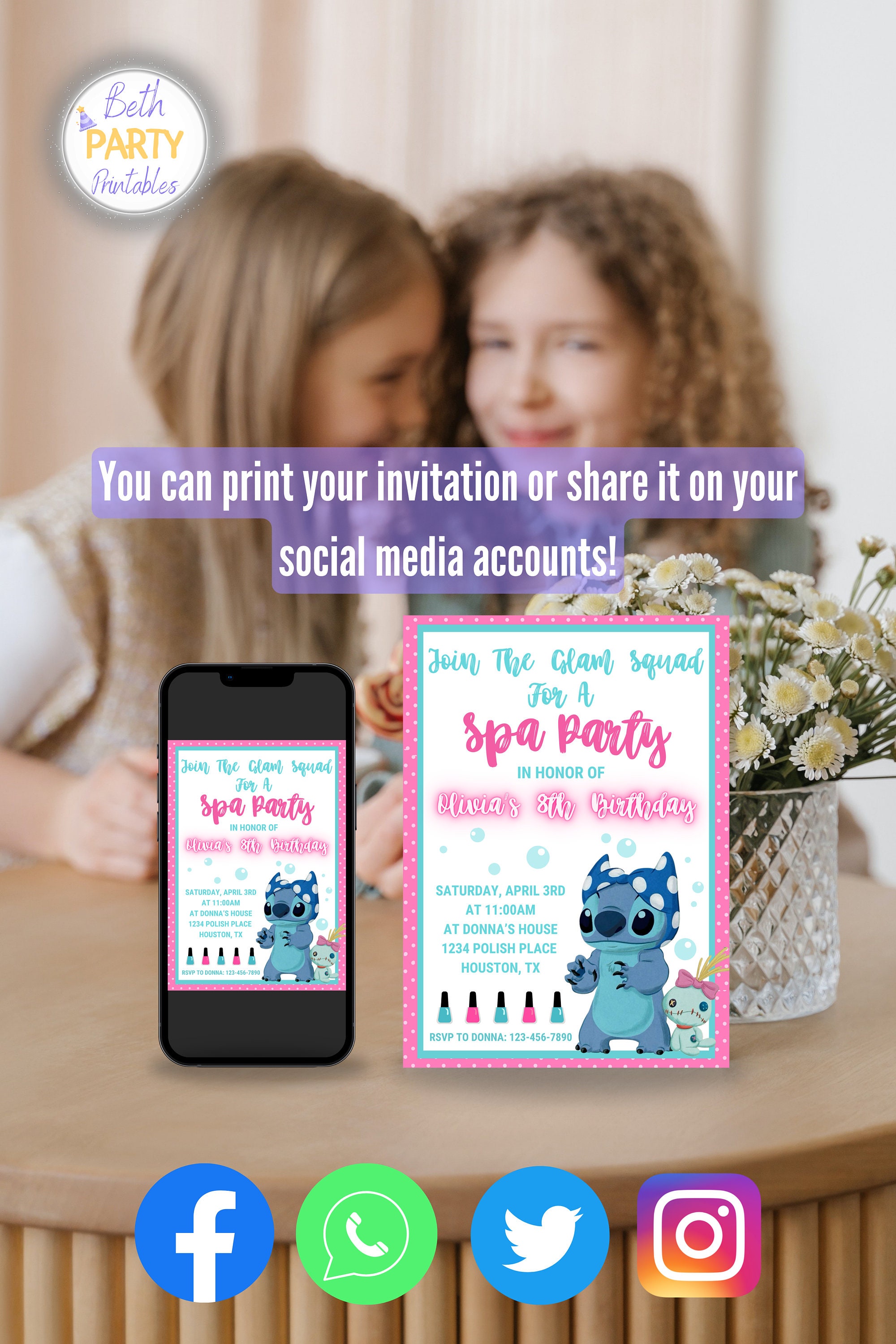 Personalized Stitch Spa Party Invitation, Stitch Birthday Spa Party ...