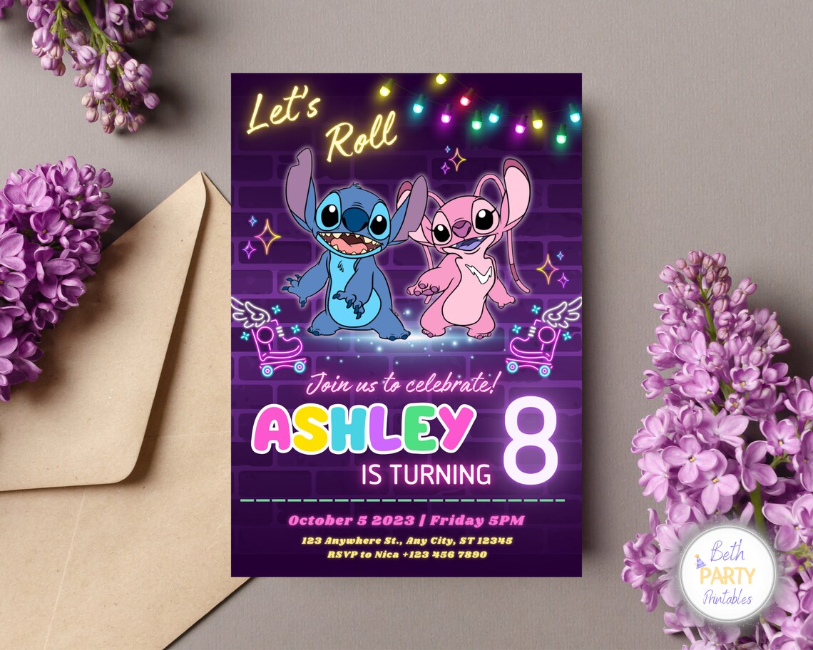 Stitch Roller Skating Birthday Party Invitation, Personalized Stitch ...