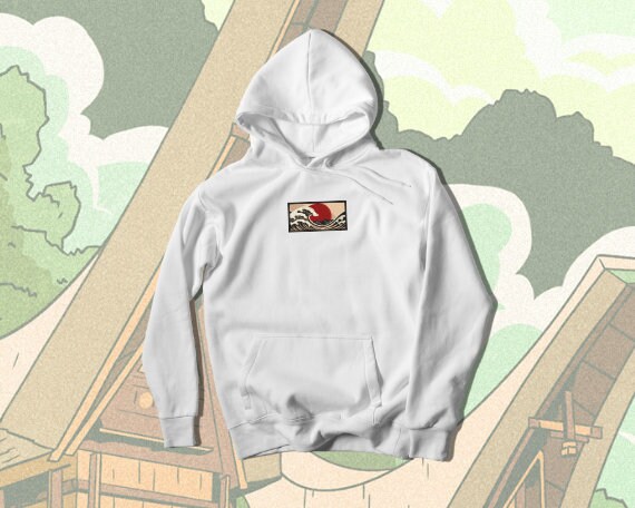 Japanese Waves Embroidery Design, Red Sun With Mountain Background, PES ...