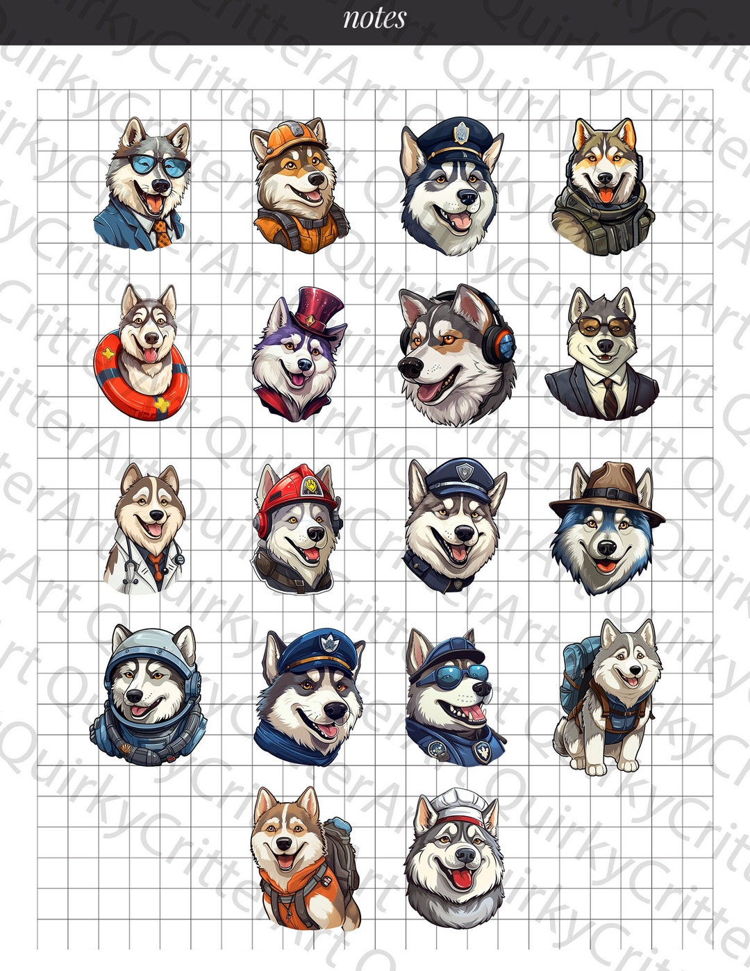Joyful Husky Digital PNG Stickers, Goodnotes Stickers, 18 Various Husky ...