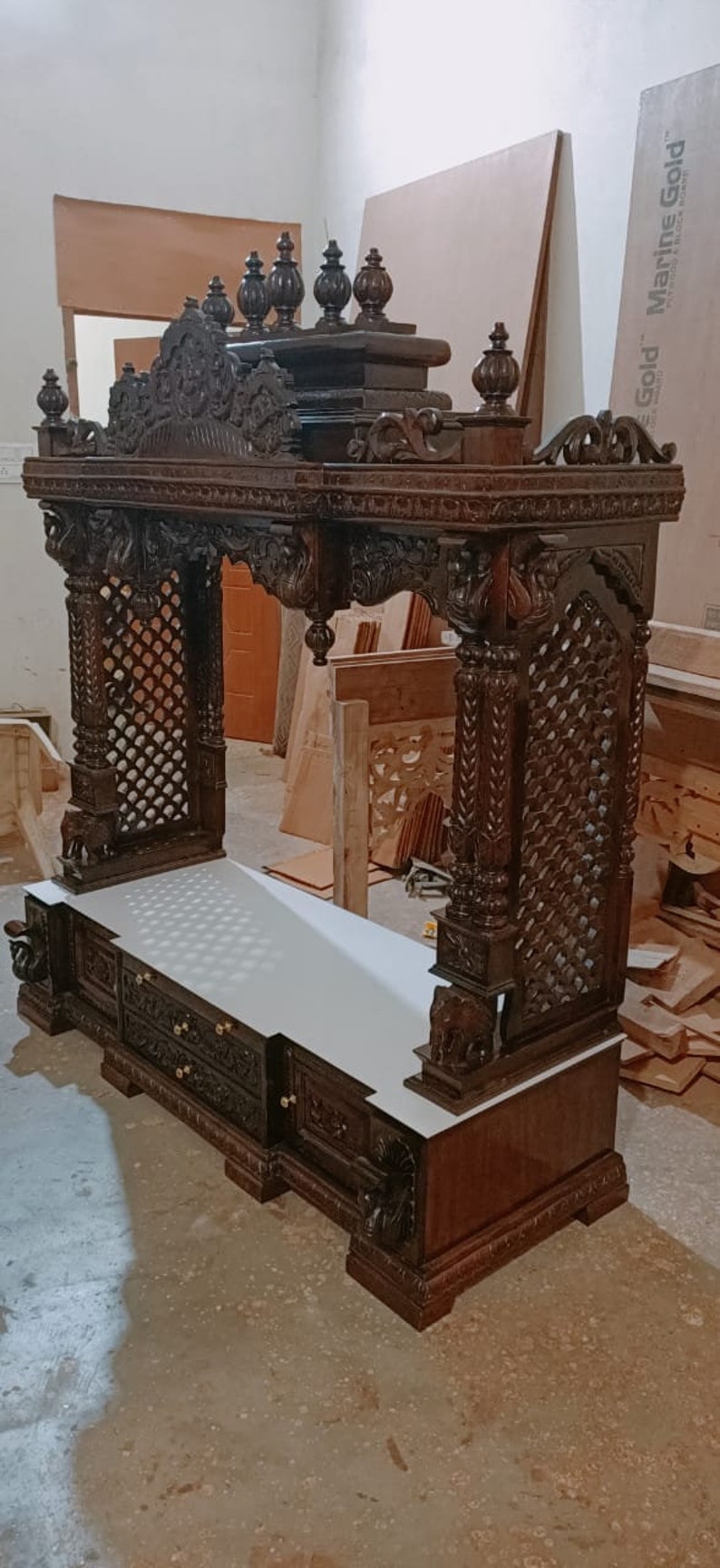 Carving Pooja Mandir Home Temple With Pooja Chowki Hindu Temple Hindu ...