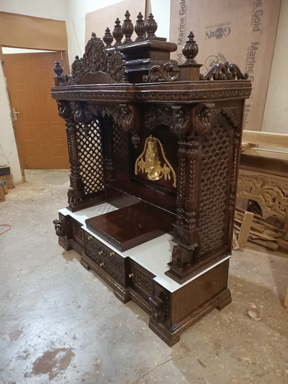 Carving Pooja Mandir Home Temple With Pooja Chowki Hindu Temple Hindu ...