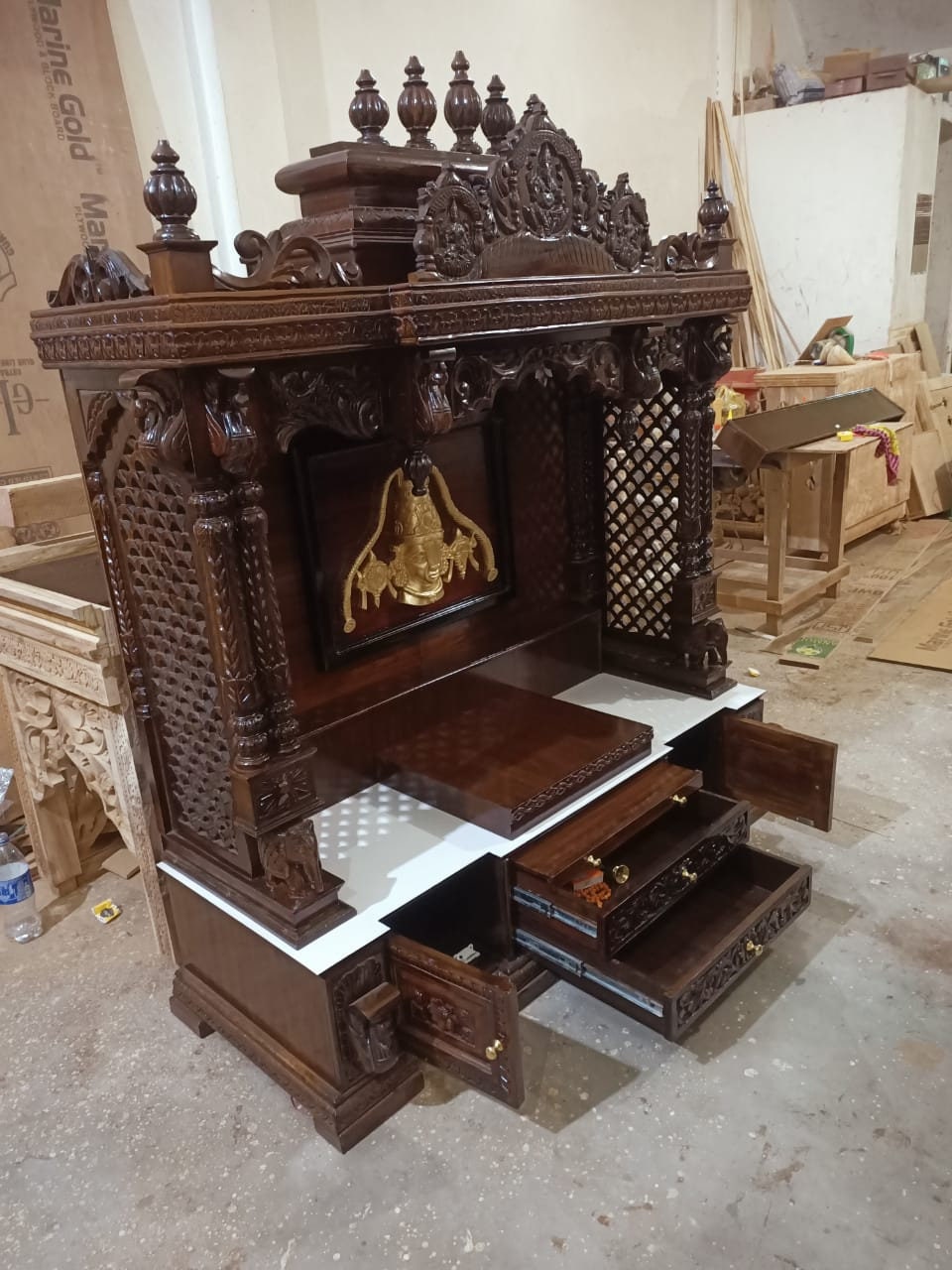 Carving Pooja Mandir Home Temple With Pooja Chowki Hindu Temple Hindu ...