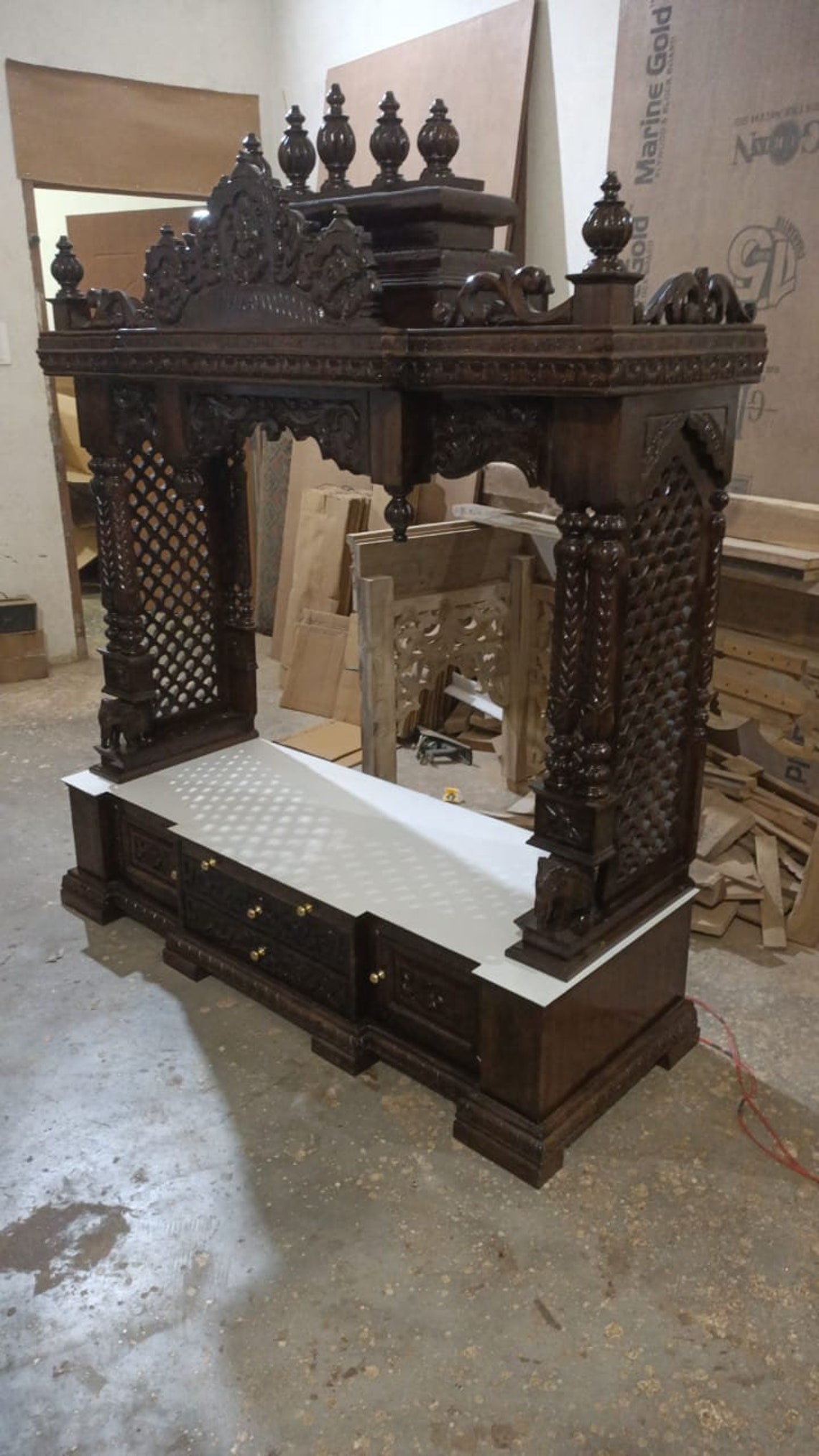 Carving Pooja Mandir Home Temple With Pooja Chowki Hindu Temple Hindu ...