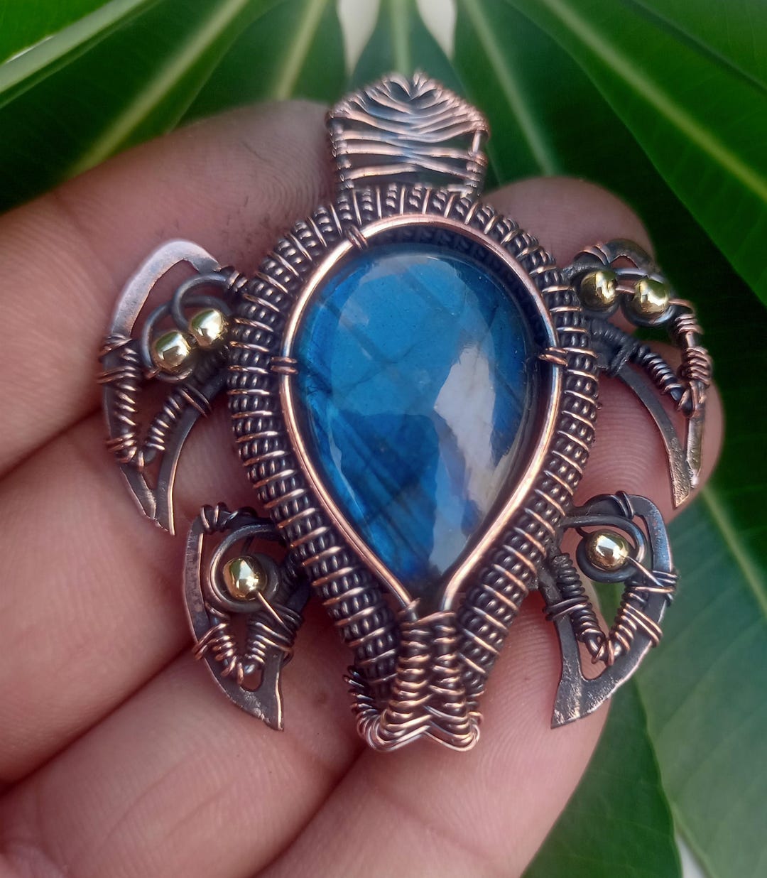 Natural Blue Fire Labradorite Gemstone Turtle Pendant Copper Wire ...