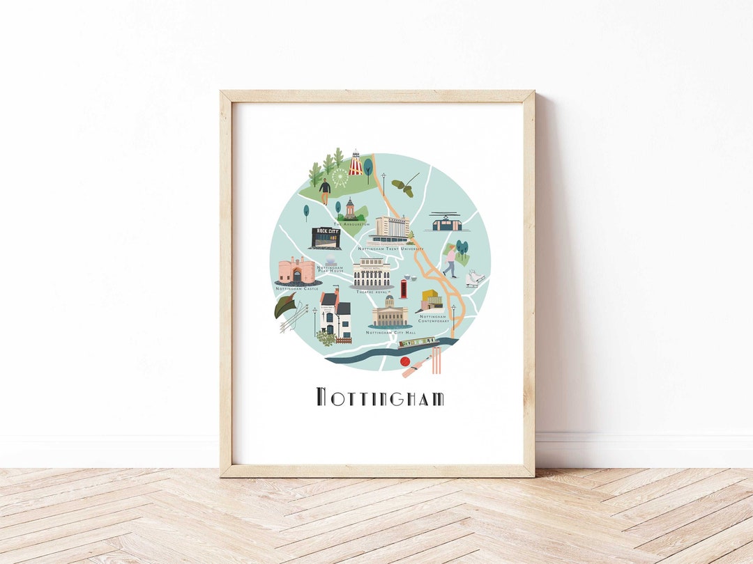 Map of Nottingham, Nottinghamshire Hand Drawn Illustrated Map of ...