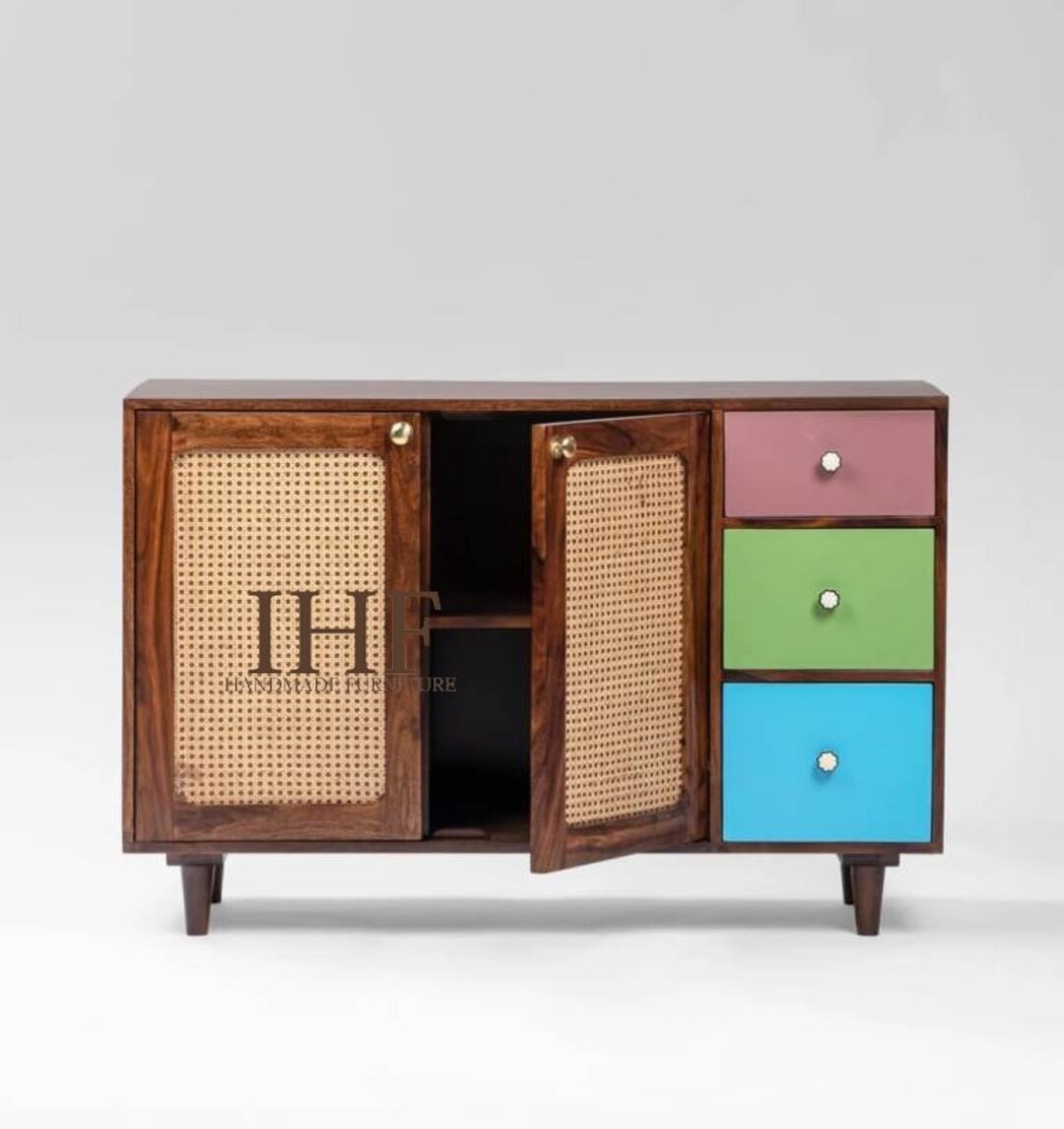 Handmade Cane Wood Tv Unit With 3 Drawer 2 Door Furniture Wood Brown Tv ...