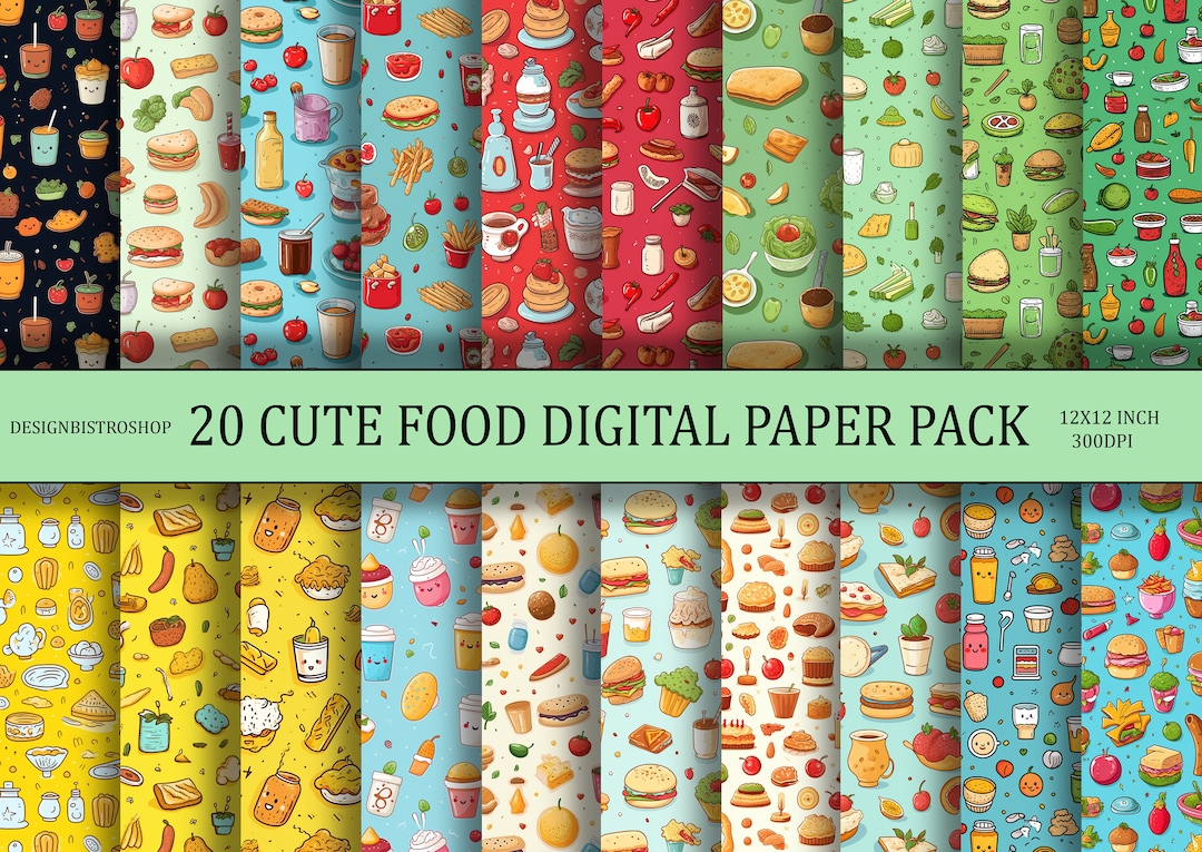 Cute Food Doodles Digital Paper Pack | 20 Colorful Food Papers ...