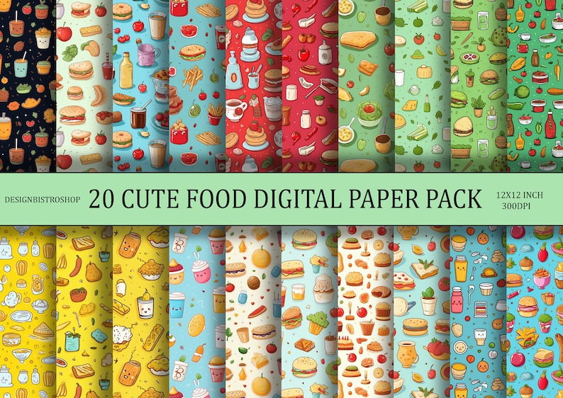 Cute Food Doodles Digital Paper Pack | 20 Colorful Food Papers ...