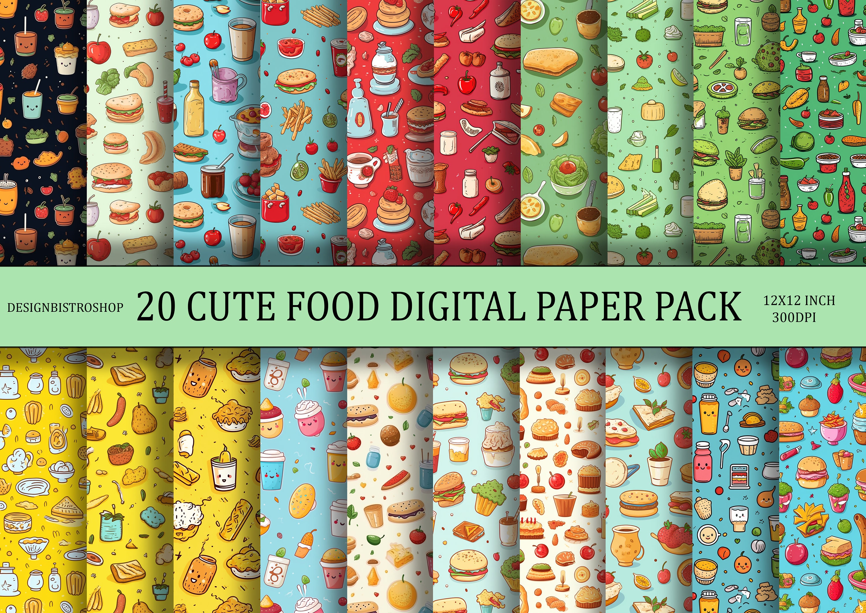 Cute Food Doodles Digital Paper Pack 20 Colorful Food Papers Printables ...