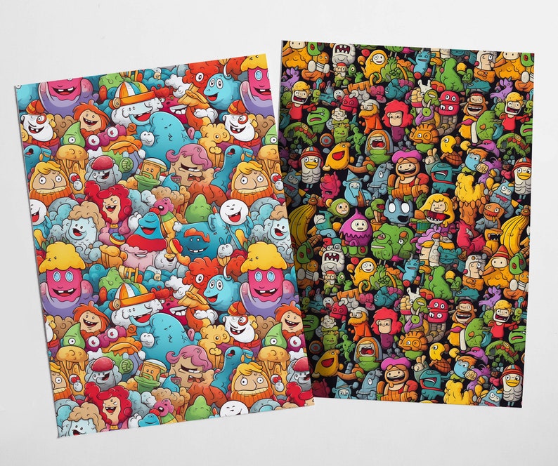 Happy Doodle Character Digital Paper Pack | 20 Colorful Doodle ...