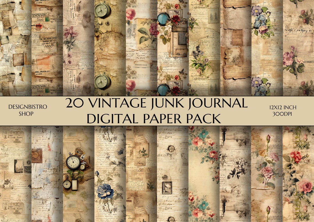 Vintage Junk Journal Digital Paper Pack | 20 Dusty and Scratched Papers ...