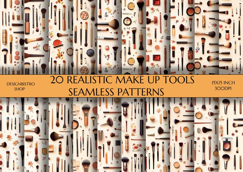 Realistic Make up Tools Seamless Patterns | 20 Make up Seamless ...