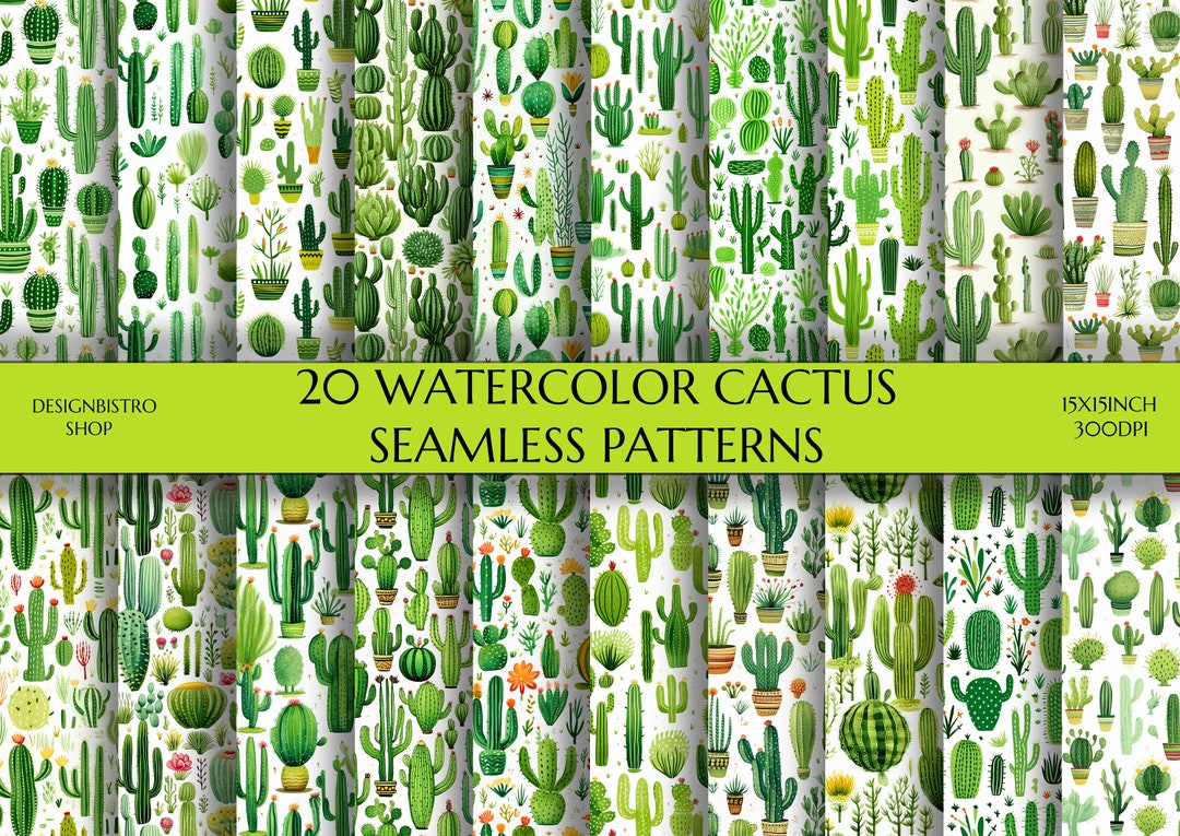 Watercolor Cactus Seamless Patterns | 20 Colorful Cactus Seamless ...