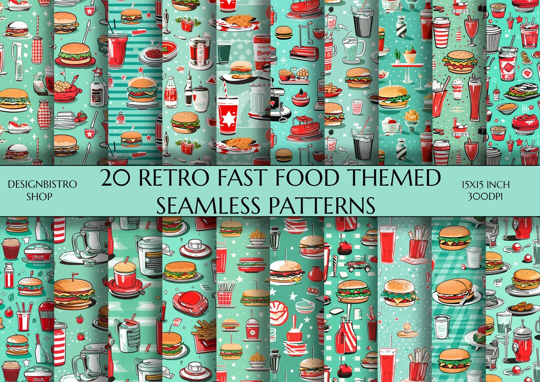 Retro Style Fast Food Seamless Patterns | 20 Hamburgers and Sodas ...