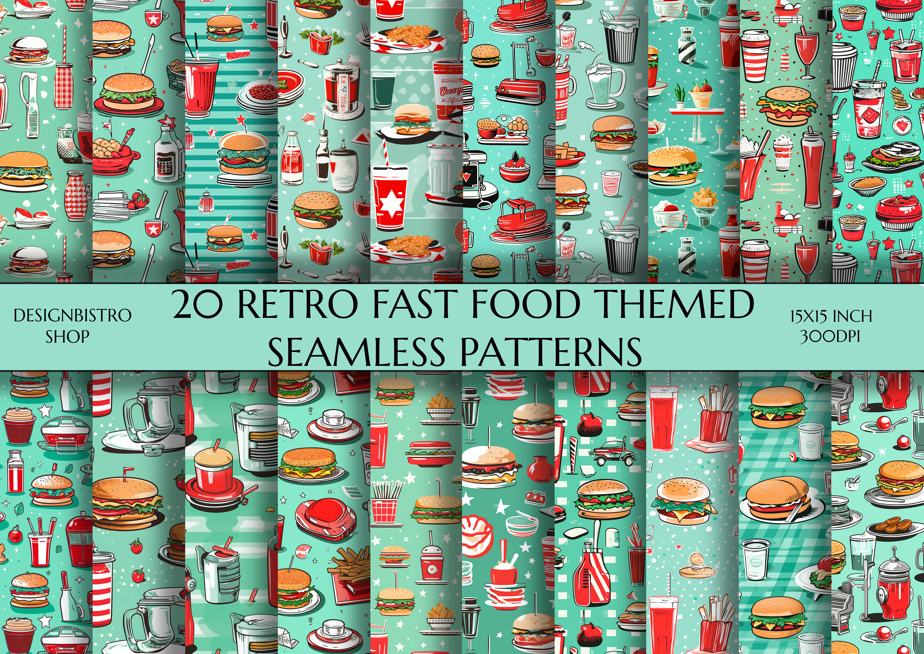 Retro Style Fast Food Seamless Patterns | 20 Hamburgers and Sodas ...