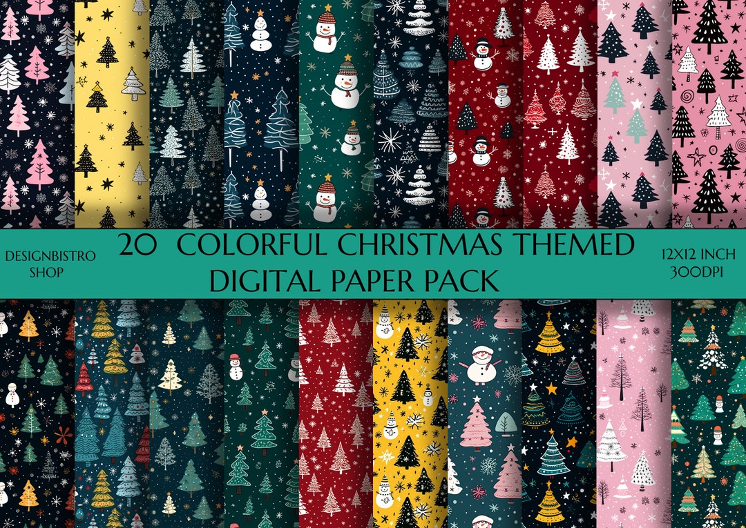 Colorful Christmas Themed Digital Paper Pack | 20 Christmass Trees and ...