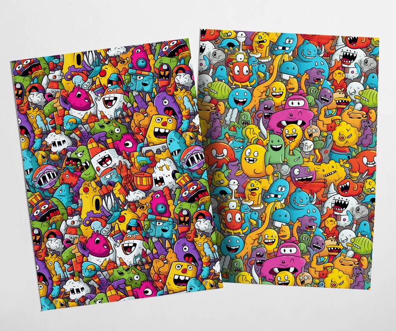 Happy Doodle Character Digital Paper Pack | 20 Colorful Doodle ...