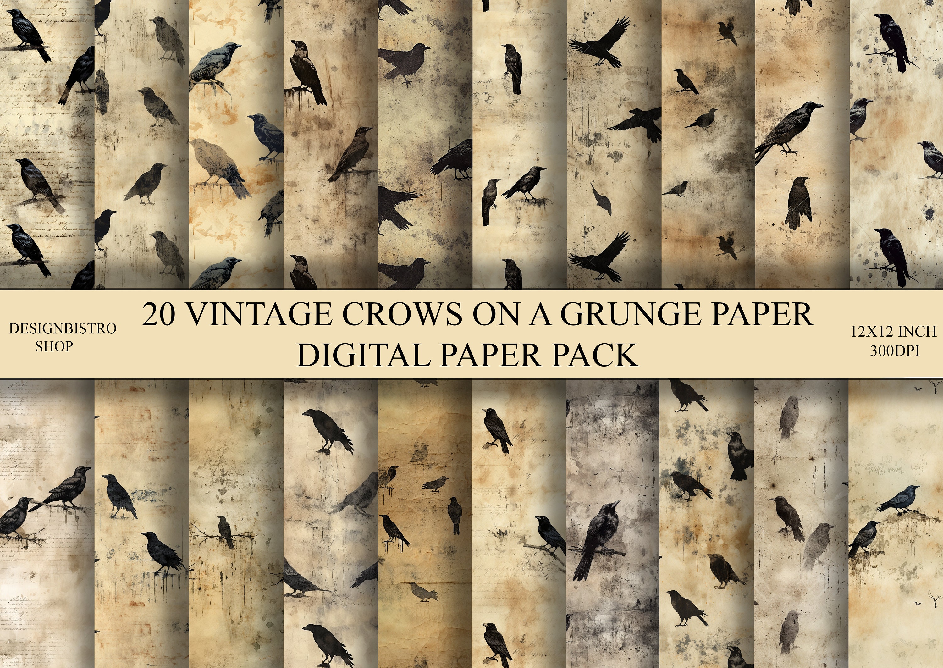 20 Vintage Crows Digital Paper Pack | Vintage Crows Grunge Paper ...