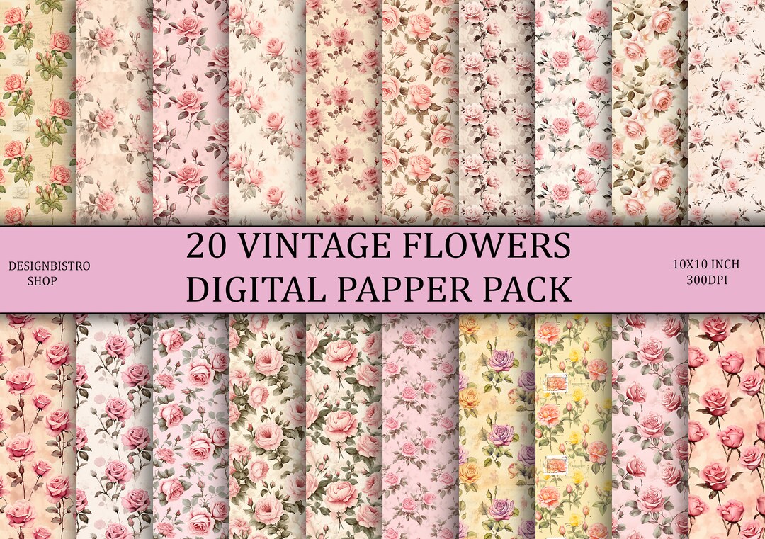 Vintage Flowers Digital Paper Pack | Home Decor | 20 Vintage Flower ...