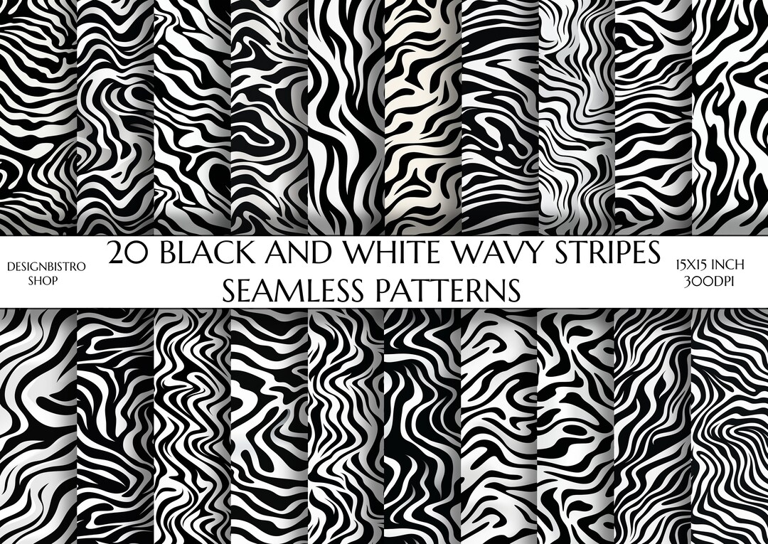 Wavy Black and White Stripes Seamless Patterns | 20 Zebra Skin Stripes ...