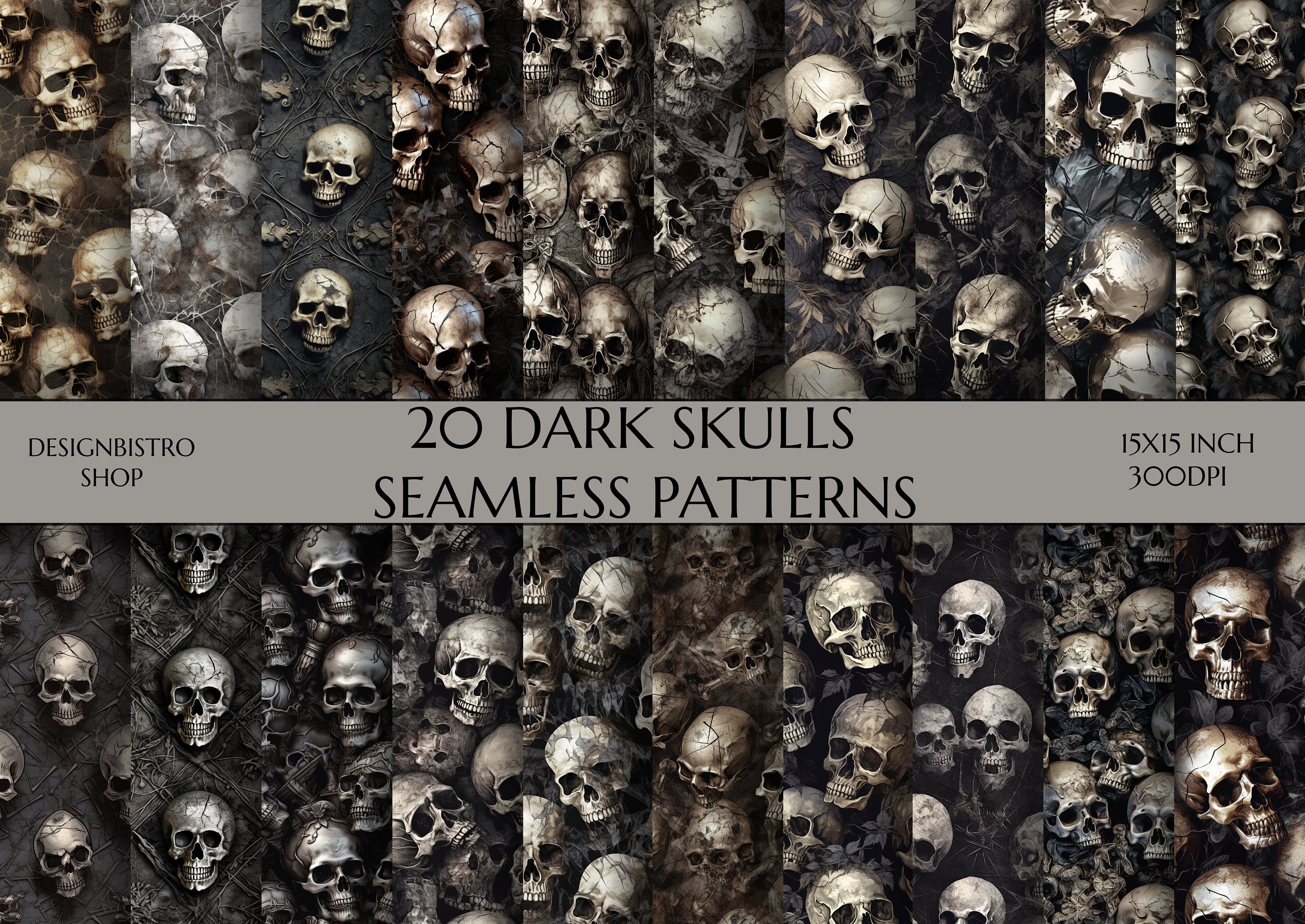 Dark Skulls Seamless Patterns | 20 Dark Silver and Beige Skulls ...