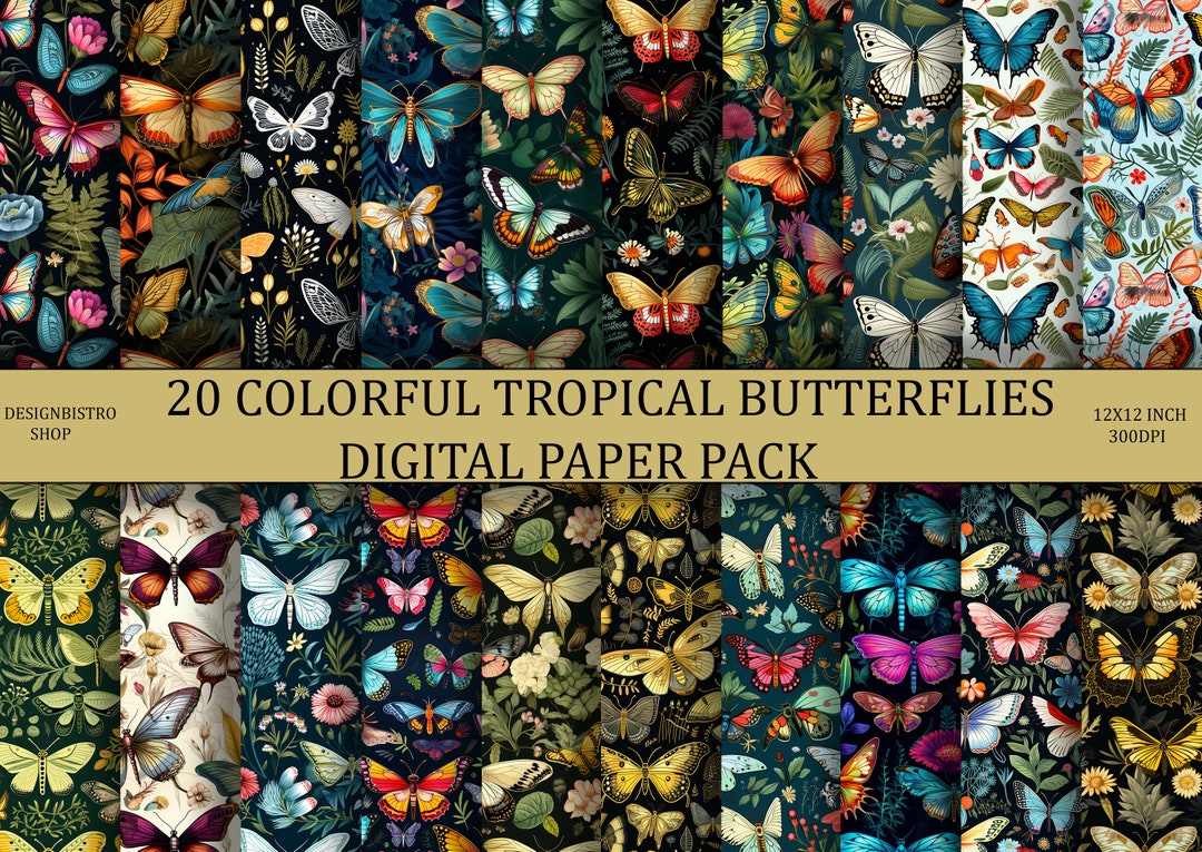 Tropical Butterflies Digital Paper Pack| 20 Colorful Butterflie Papers ...