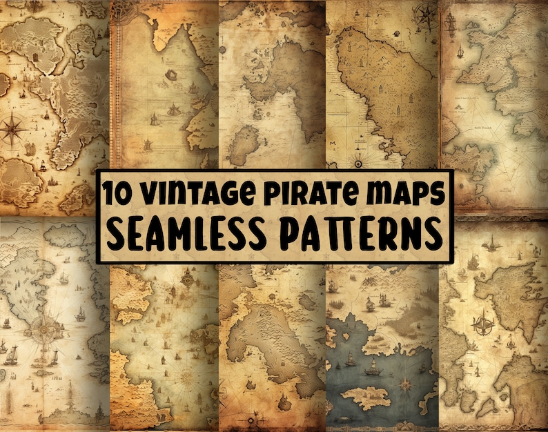 Vintage Pirate Maps Digital Paper Pack | 10 Pirate Maps Grunge and ...