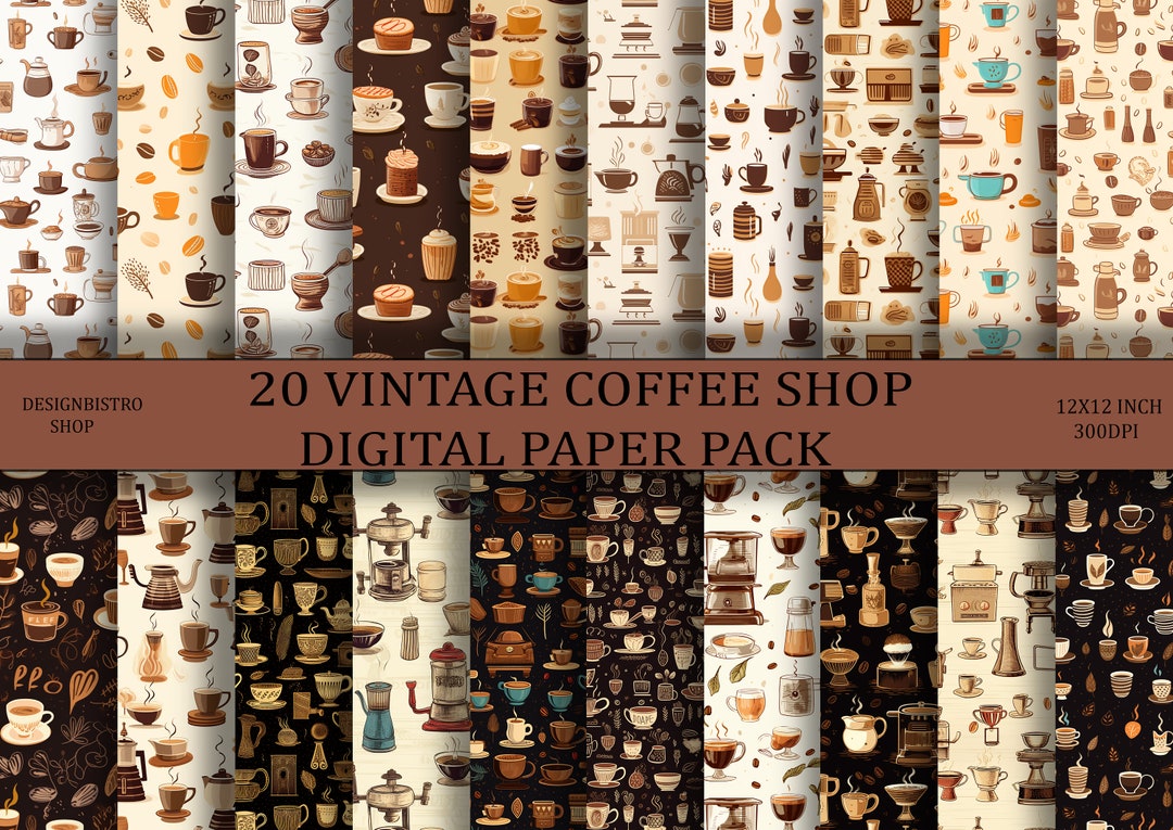 Vintage Coffee Shop Digital Paper Pack | 20 Coffe Cups and Beans Papers ...