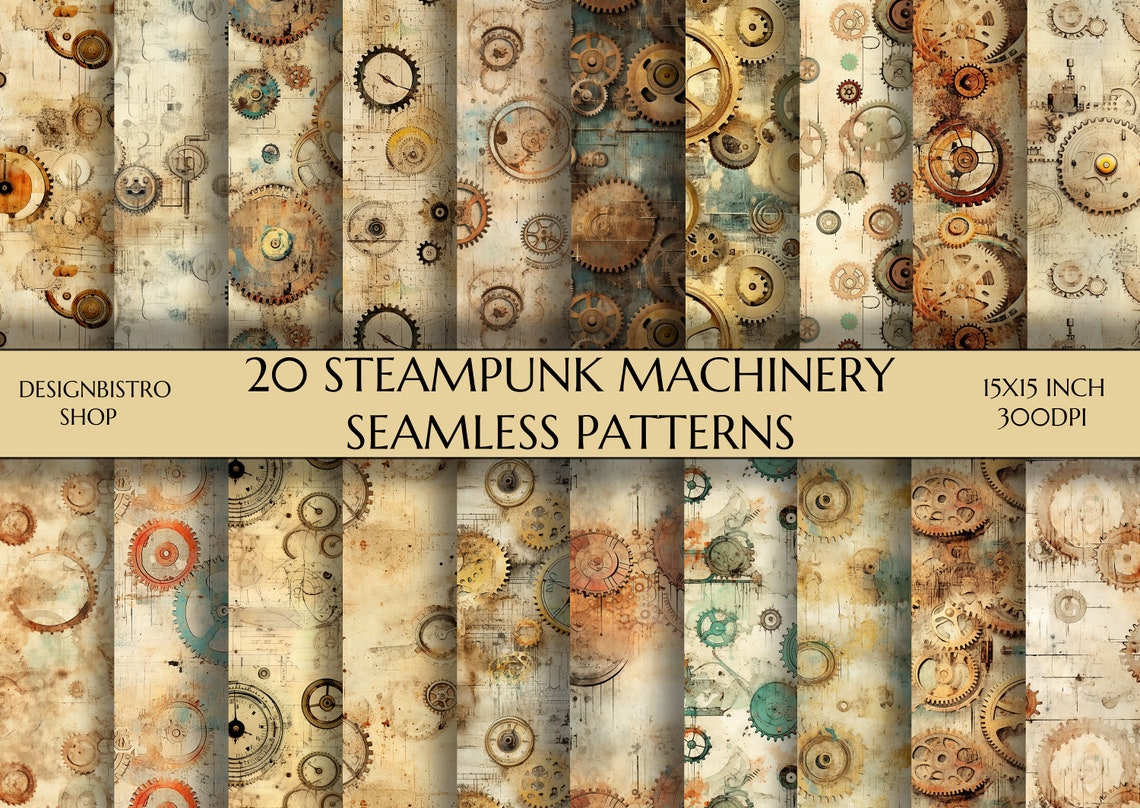 Steampunk Machinery Seamless Patterns | 20 Junk Journal Seamless ...