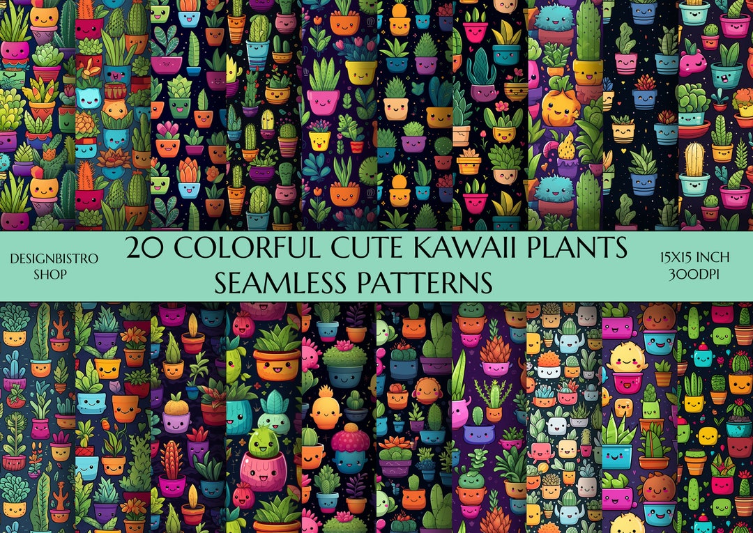 Cute Kawaii Plants Seamless Patterns | Colorful Happy Kawaii Seamless ...