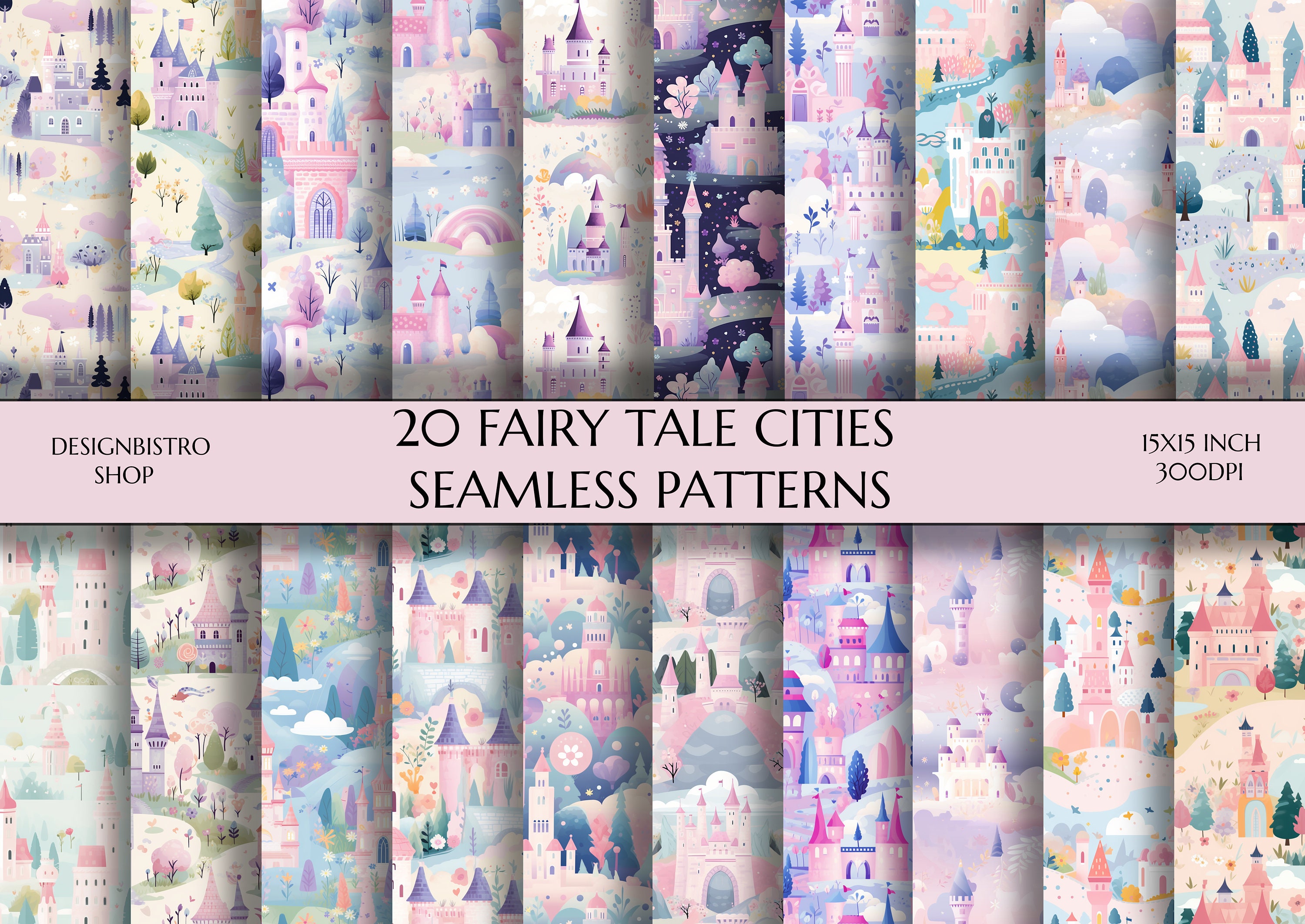 Fairy Tale Cities Seamless Patterns | 20 Princess City Seamless ...