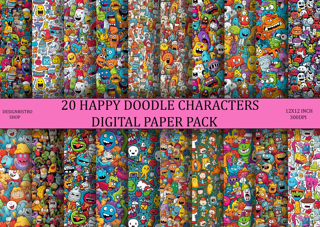 Happy Doodle Character Digital Paper Pack | 20 Colorful Doodle ...