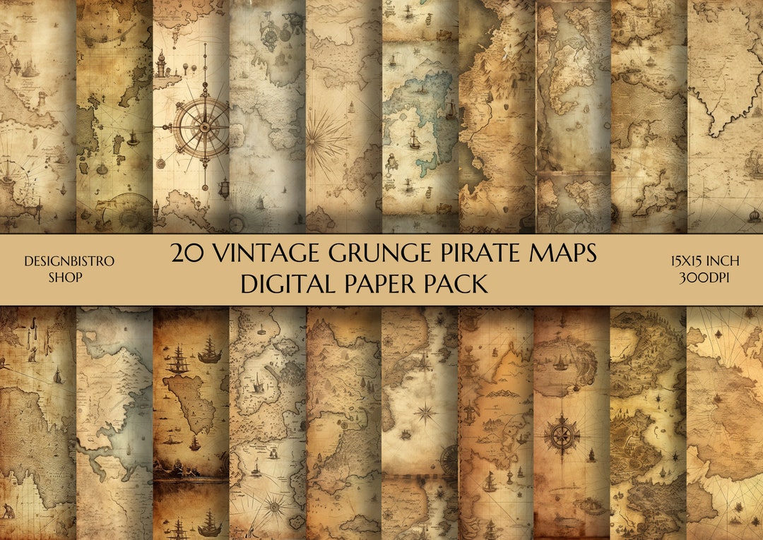 Vintage Pirate Maps Digital Paper Pack | 20 Pirate Maps Grunge and ...