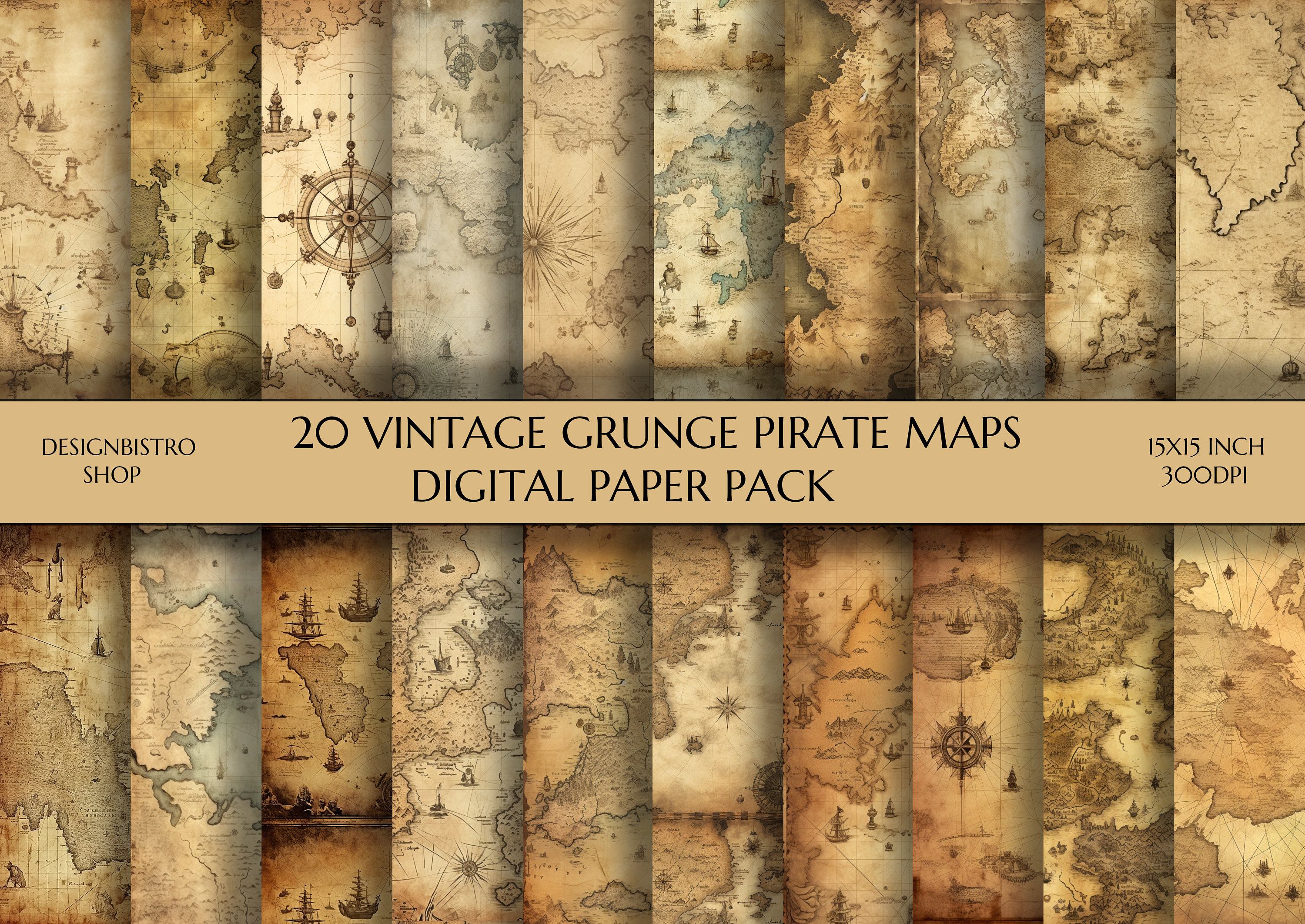 Vintage Pirate Maps Digital Paper Pack | 20 Pirate Maps Grunge and ...