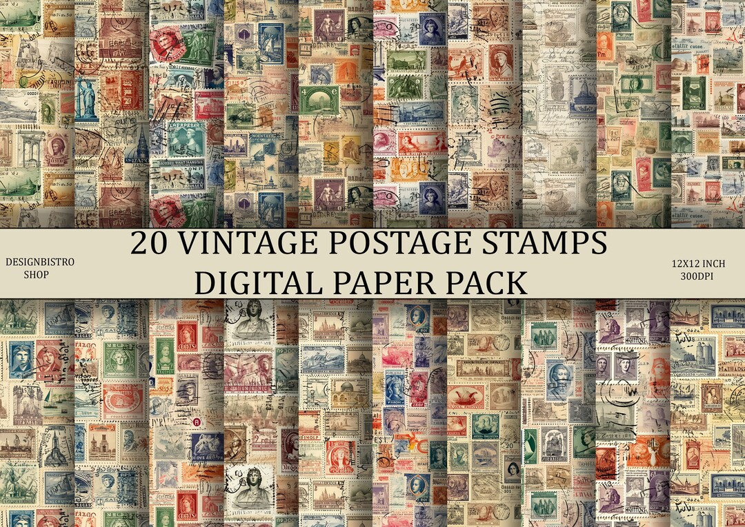 Vintage Postage Stamps Digital Paper Pack | 20 Dusty Looking Postage ...