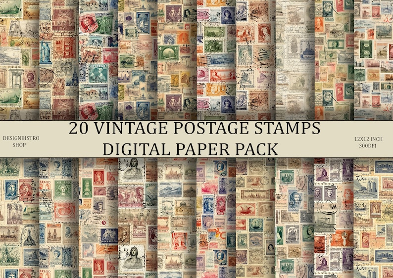 Vintage Postage Stamps Digital Paper Pack | 20 Dusty Looking Postage ...