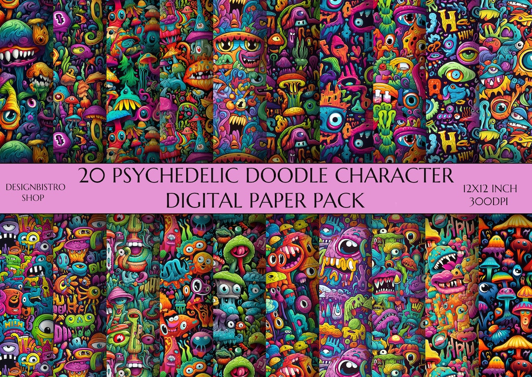 Psychedelic Doodle Characters Digital Paper Pack | Trippy Art (digital ...