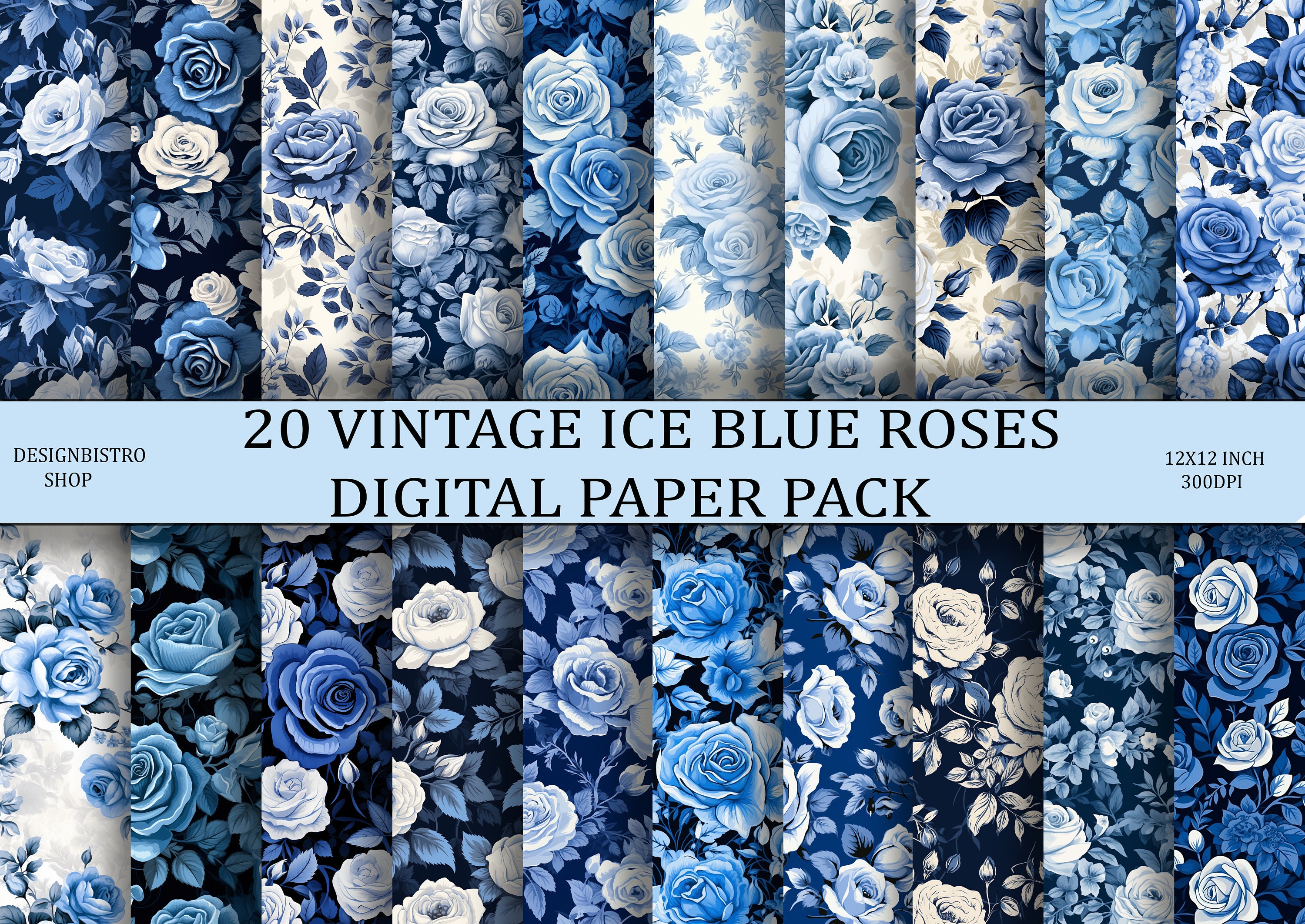Vintage Blue Roses Digital Paper Pack | 20 Ice Blue Flower Papers ...